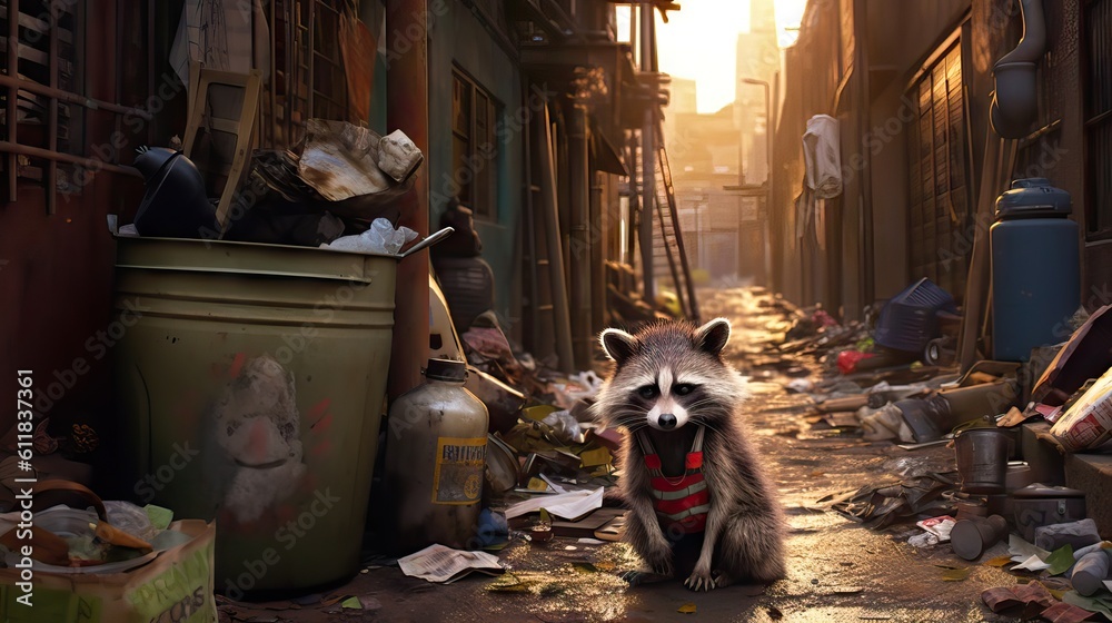 Image of a raccoon rummaging through a trash can in a city alleyway ...