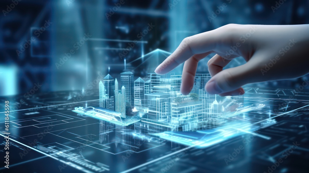 Hand pointing at digital virtual reality modern commercial building ...