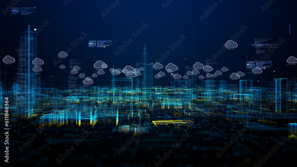 Cybersecurity digital data and data analysis background, Cityscape of cloud computing using ...