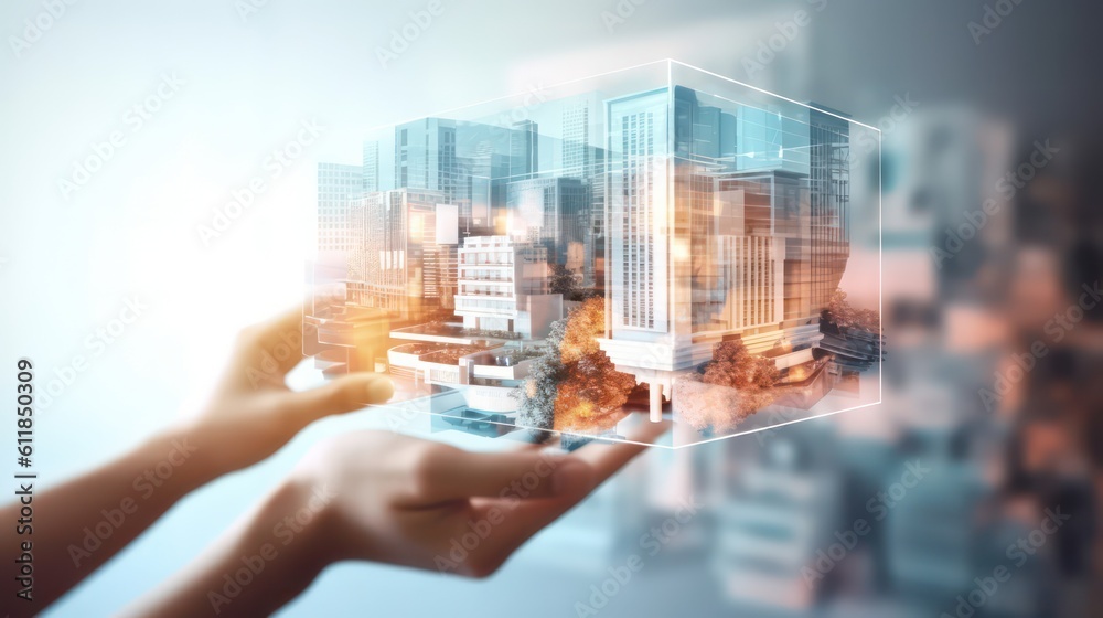 Hand pointing at digital virtual reality modern commercial building ...