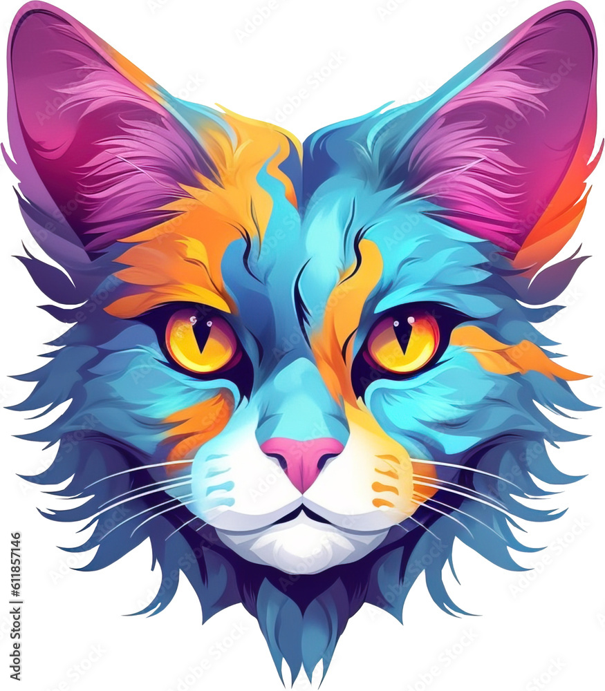 Colorful cat head illustration clipart on transparent background ...