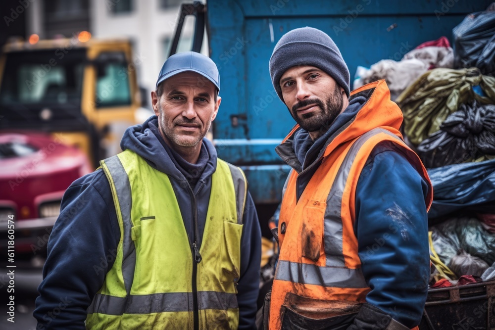 Two refuse collection workers loading garbage into waste truck emptying ...
