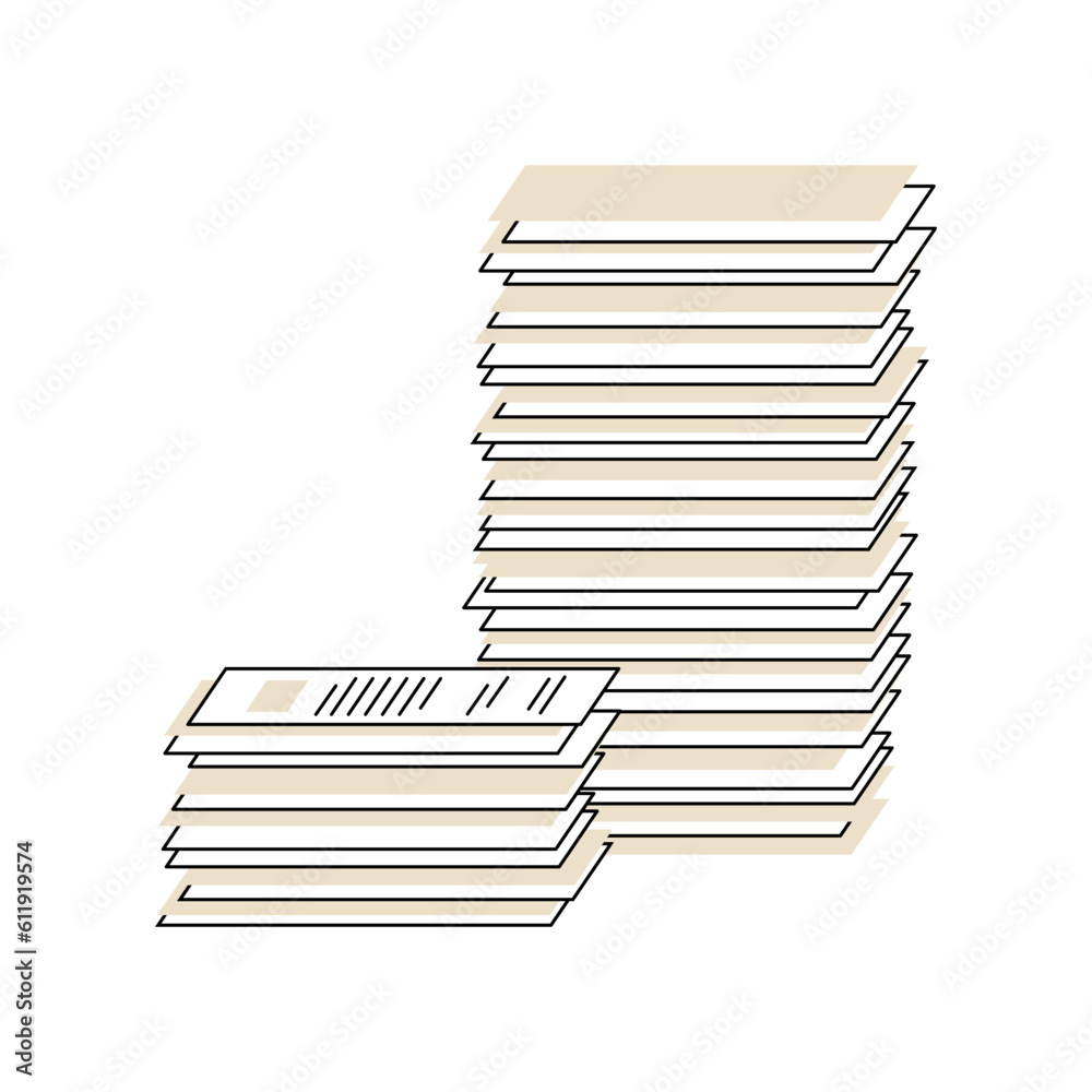 Two stacks of office papers. Large and small packs of document. Thin ...