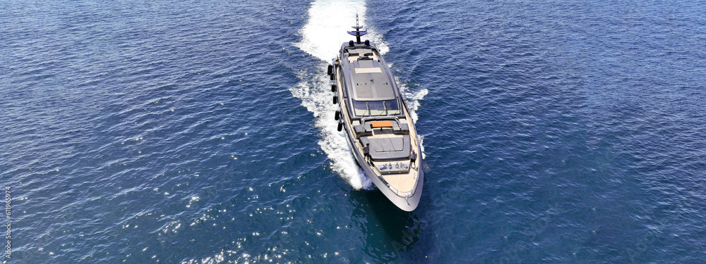 Aerial drone ultra wide panoramic photo of luxury yacht bow with wooden ...