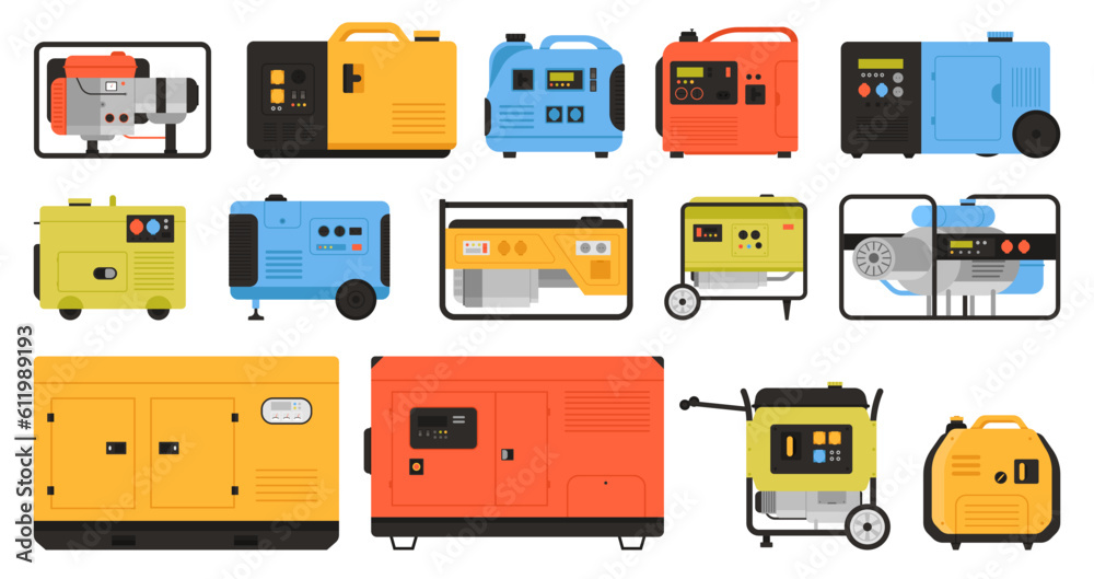 Electric generators set vector illustration. Cartoon isolated ...