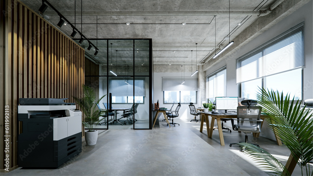 Modern office interior with exposed concrete ceiling and floor. 3d ...