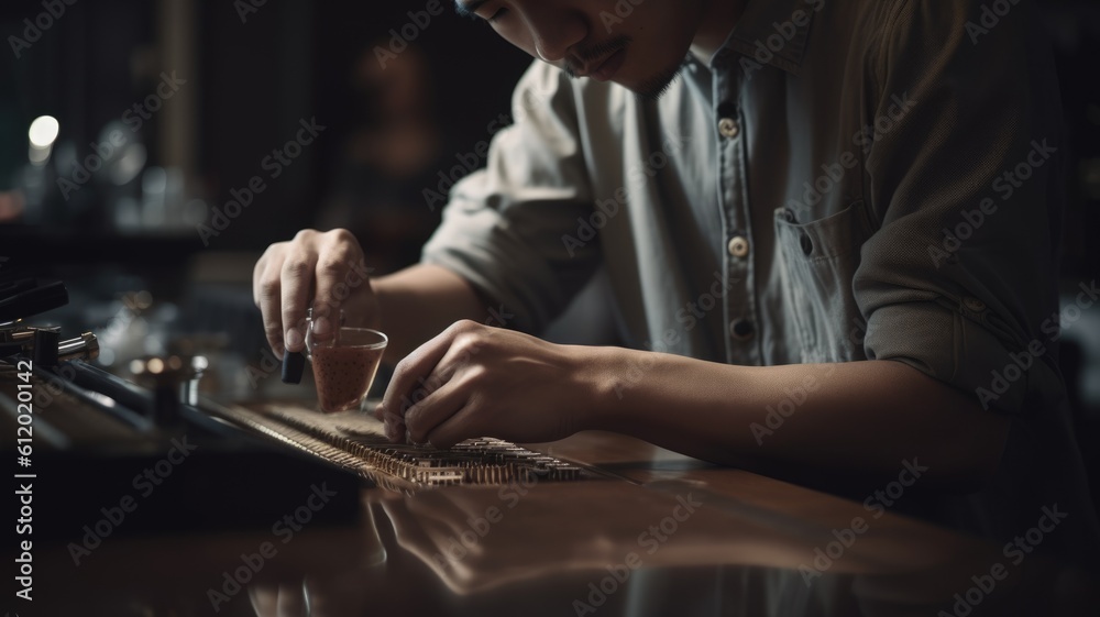 Barista Male Asian Young Adult Preparing espresso shots for drinks in ...