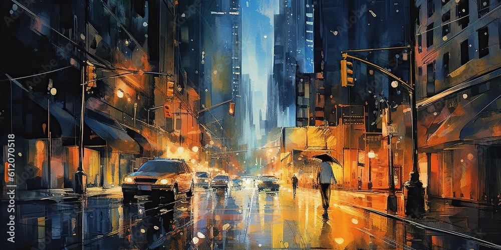 New York City at night, street art with taxi, a watercolor painting ...