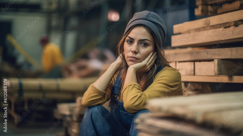 young adult woman or teenage girl works in an industry, production hall ...