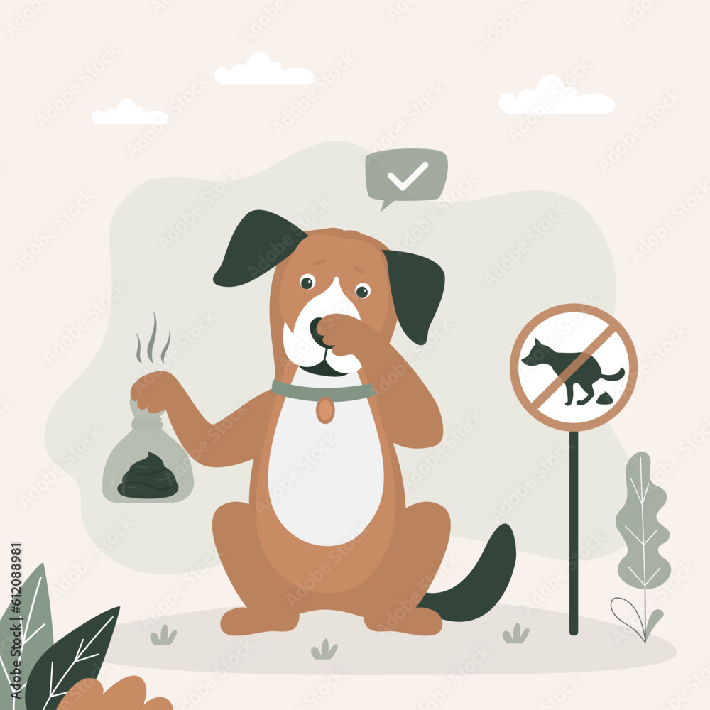 Funny dog holds bag of stinky poop in its paw. Adorable domestic pet ...