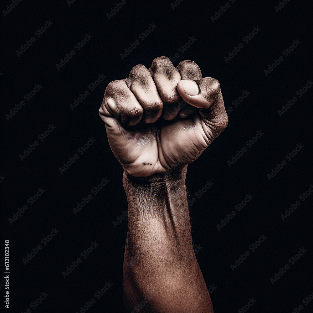 Photograph of a black fist with the vibrant colors of Brazil. With a ...