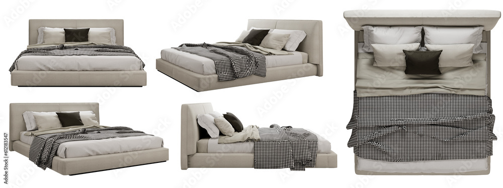 isometric bed with pillows mockup, top view, font view, side view ...