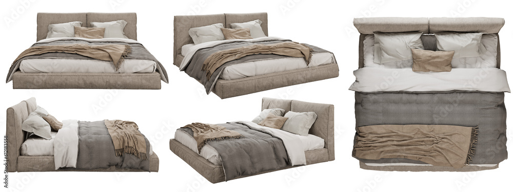 isometric bed with pillows mockup, top view, font view, side view ...