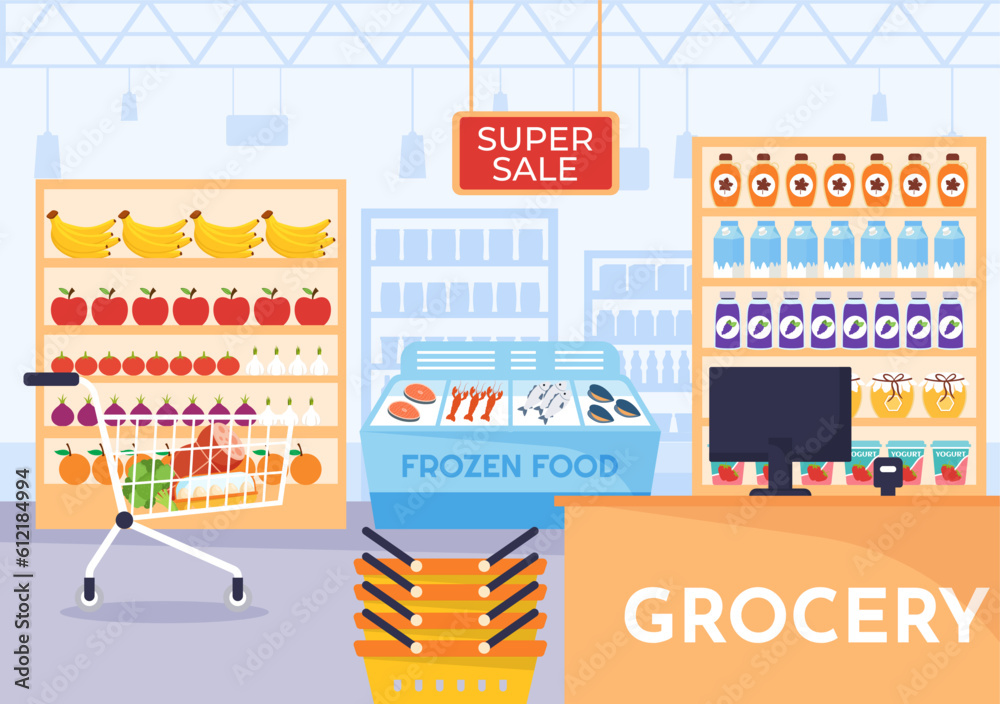 Food Grocery Store Shopping Vector Illustration with Foods Items and ...