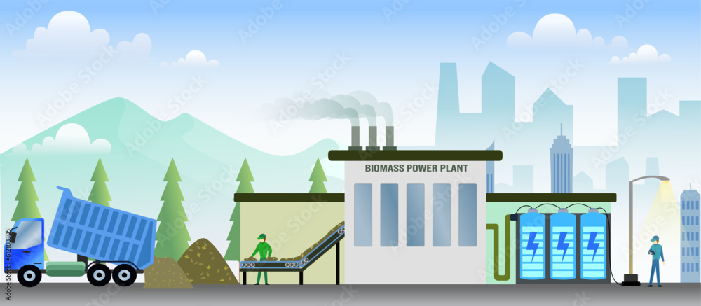 Biomass energy production process vector illustration, biomass power ...