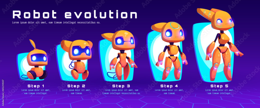 Vector de Stock Cute ai robot character level evolution for game tech vector cartoon ...