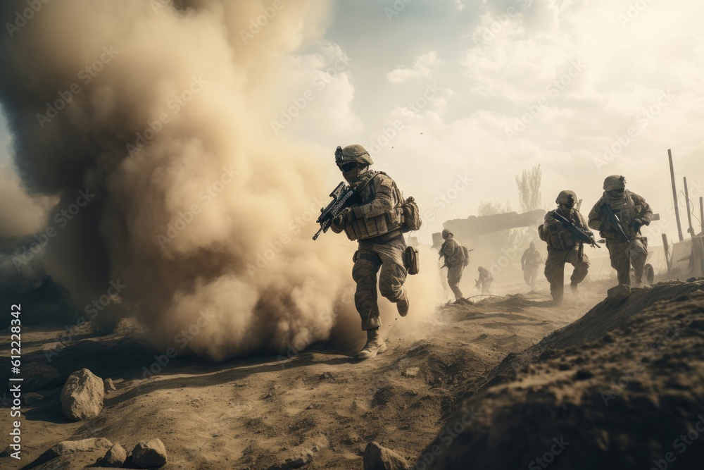 War Concept. Military silhouettes fighting scene on war fog sky ...