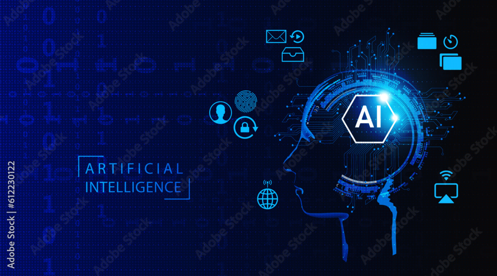Ai robot of binary coding processing over blue background with circurit board and circle tech ...