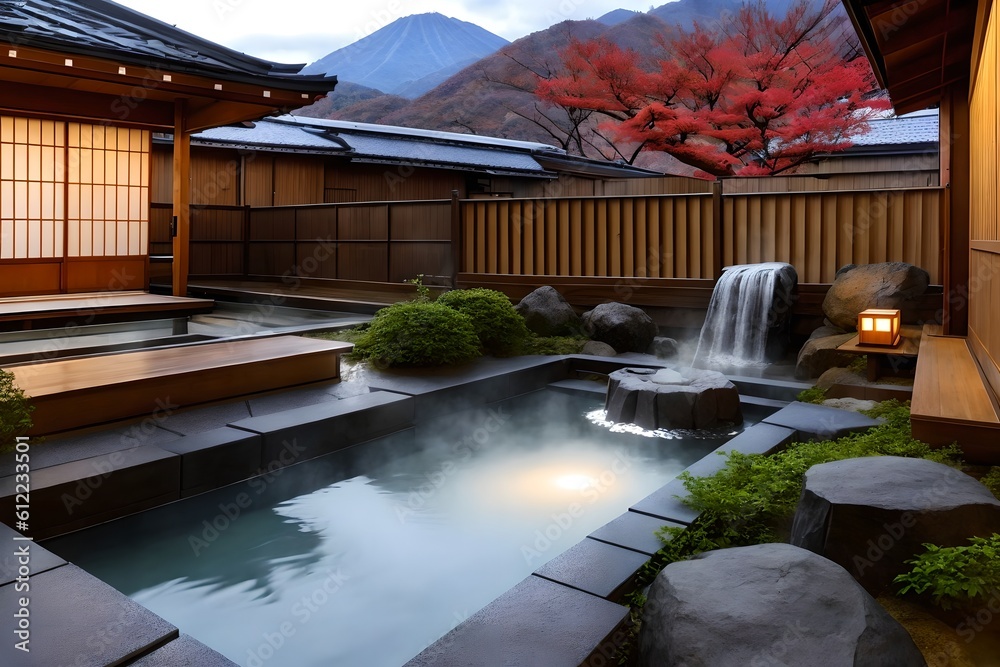 Japanese onsen ryokan. Autumn view. Japanese open-air baths using hot ...
