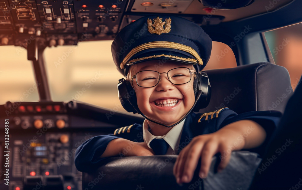 Happy and joyful looking kid dressed as an airplane pilot in the ...