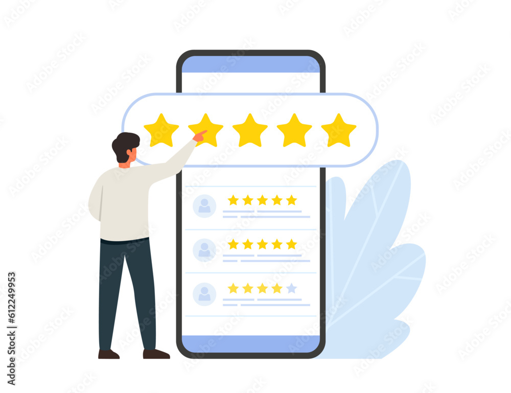 Consumer review and 5 stars rating. Man giving five star feedback and ...