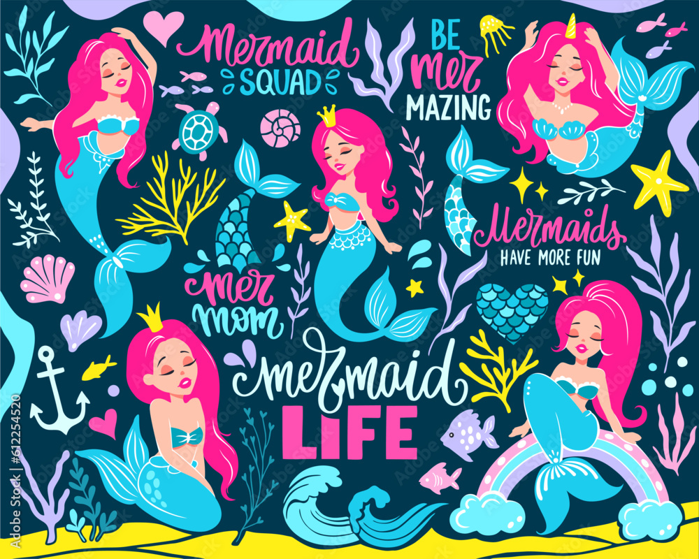 Cute Mermaids Illustrations Vector Collection. Lettering Quotes ...