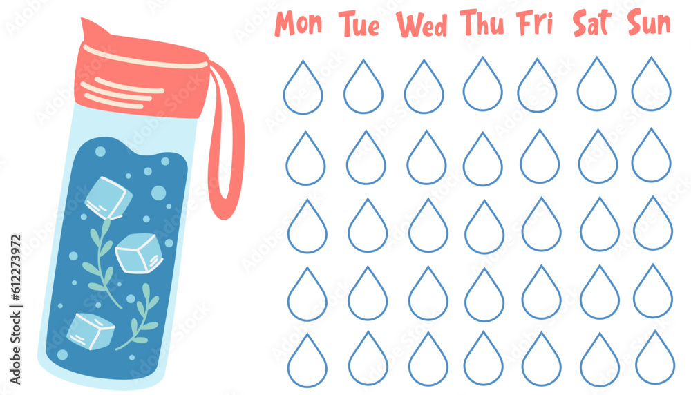 Water balance tracker. Water Bottle Drink more water planner. Flat ...