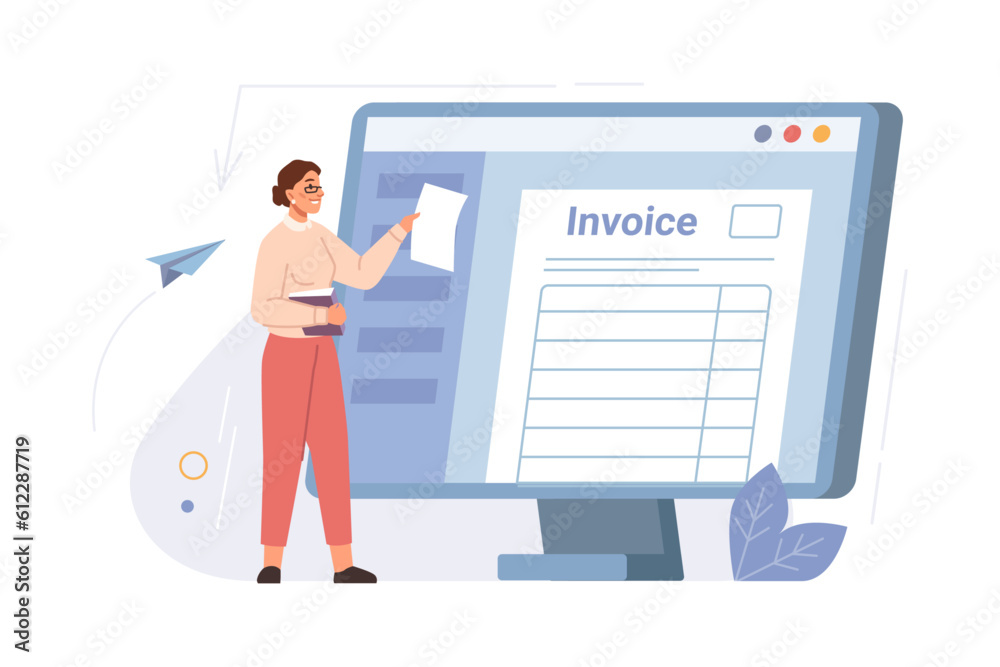 Online digital E invoice and statements software, woman checking tax ...