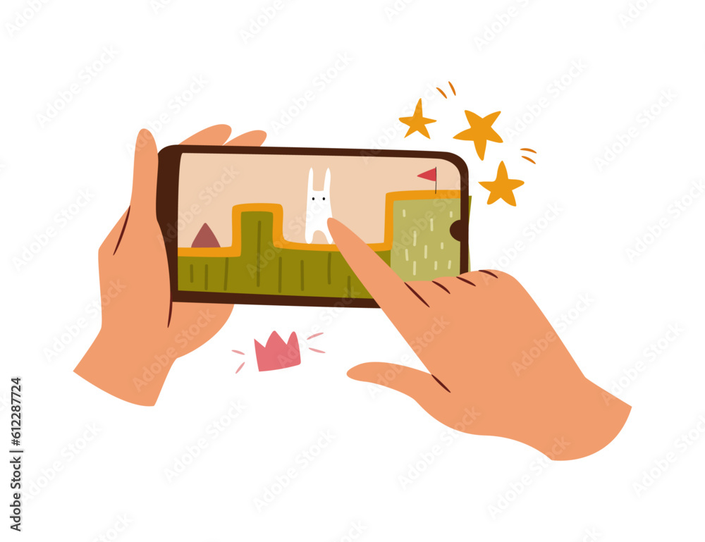 Person playing game on mobile phone holding smartphone in hands ...