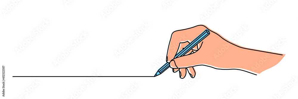 Hand holding a pencil and drawing a line. Hand drawn with thin line ...