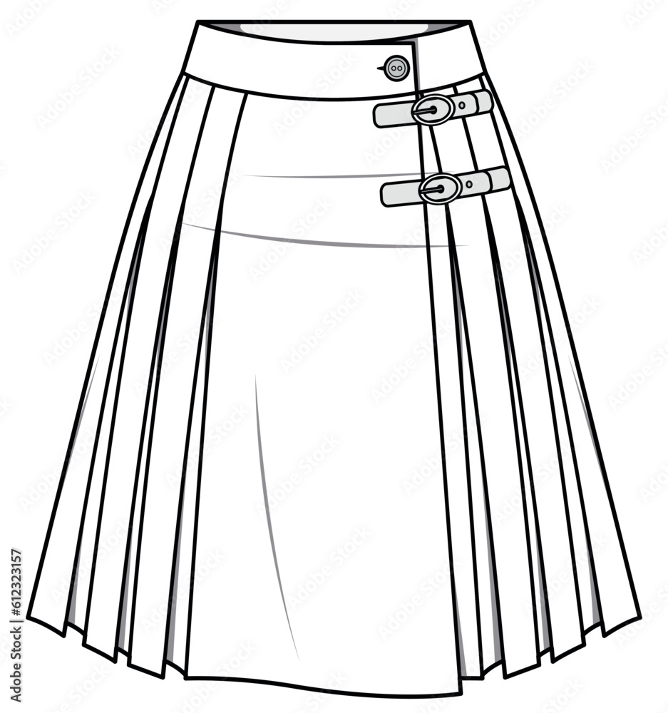 womens kilt skirt flat sketch vector illustration knee length pleated ...