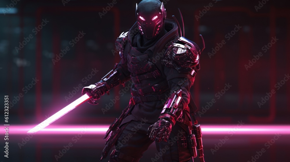 Cybernetically enhanced street samurai, wielding a high tech sword and ...