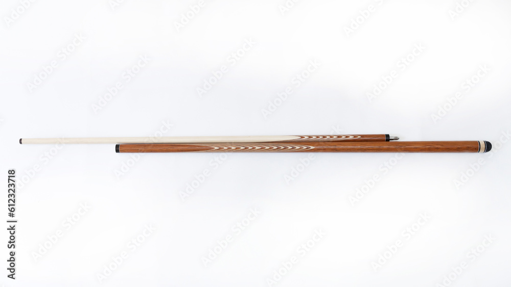 Stock-Foto „Billiard cues on a white background. Parts of a billiard ...