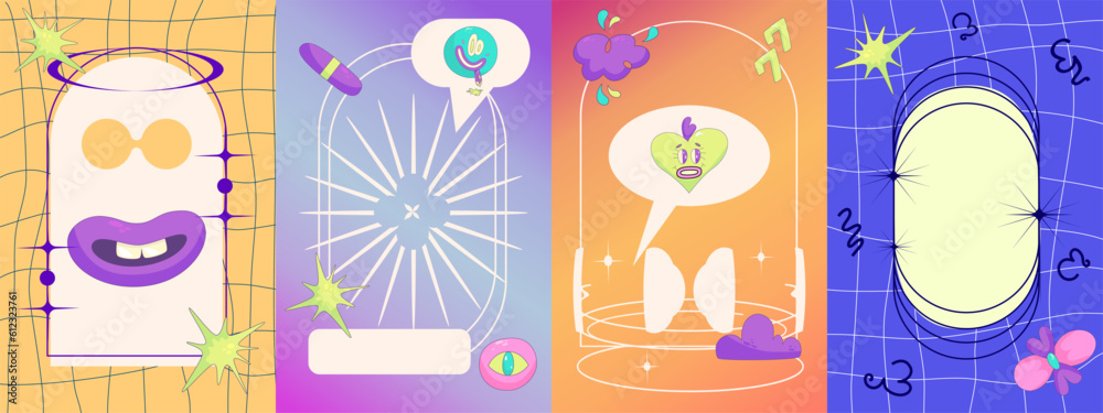 Y2k Poster set template. Retro aesthetic 90s with trippy sticker and ...