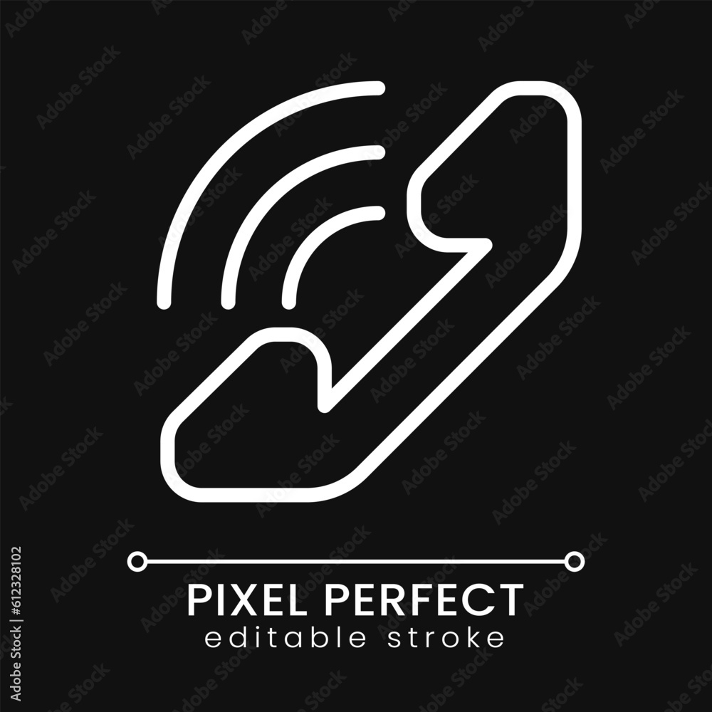 Handset pixel perfect white linear icon for dark theme. Phone calls ...