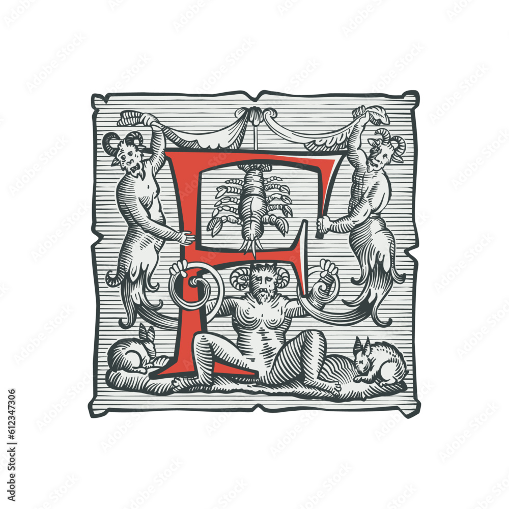 Gothic F letter logo. Medieval dropcap. Devil, witches and ghosts in ...