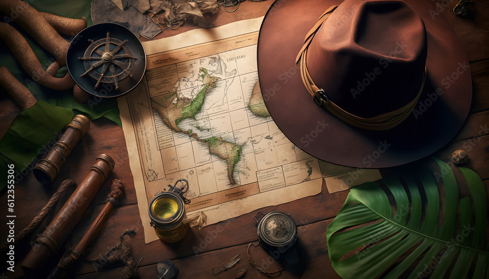 Pirate treasure map and compass, old captain hat on aged wooden table ...