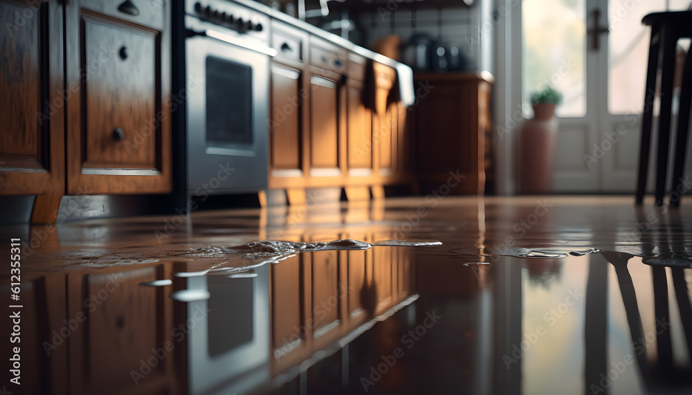 Flooded floor in kitchen from water leak. Damage , Property insurance concept. Generation AI ...