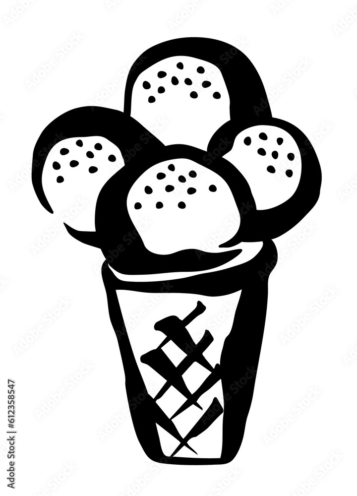 Ice Cream in a waffle cone drawing hand painted with ink brush. Png ...