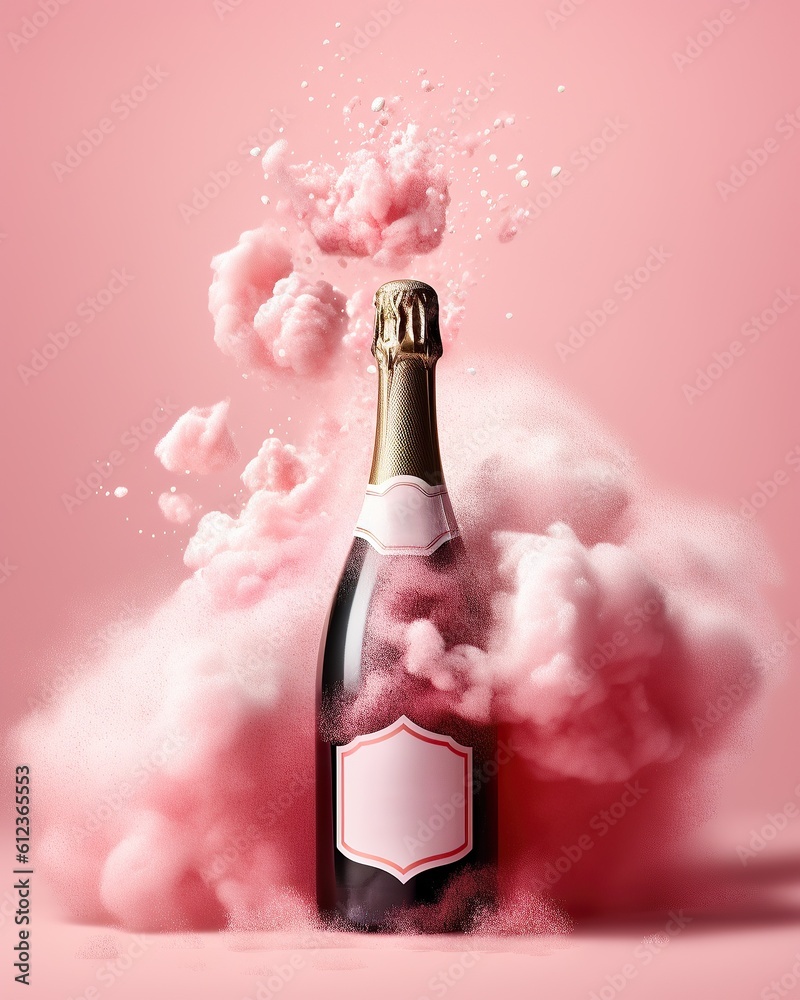 Rose vine champagne bottle pink powder smoke explode. Party celebration ...