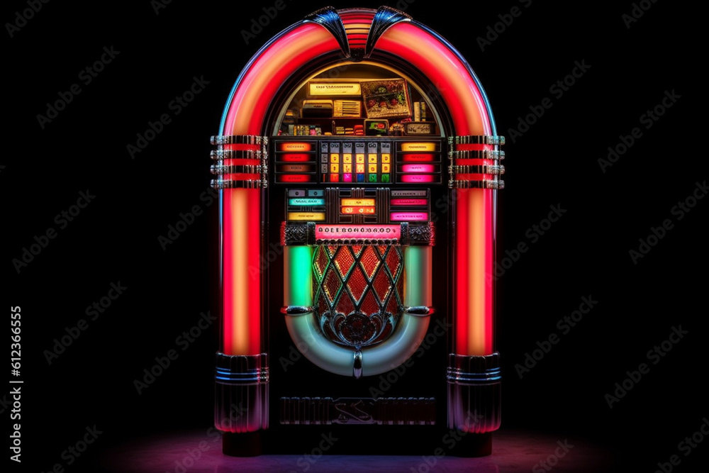 A colorful jukebox from the 1950s, adorned with chrome accents and ...