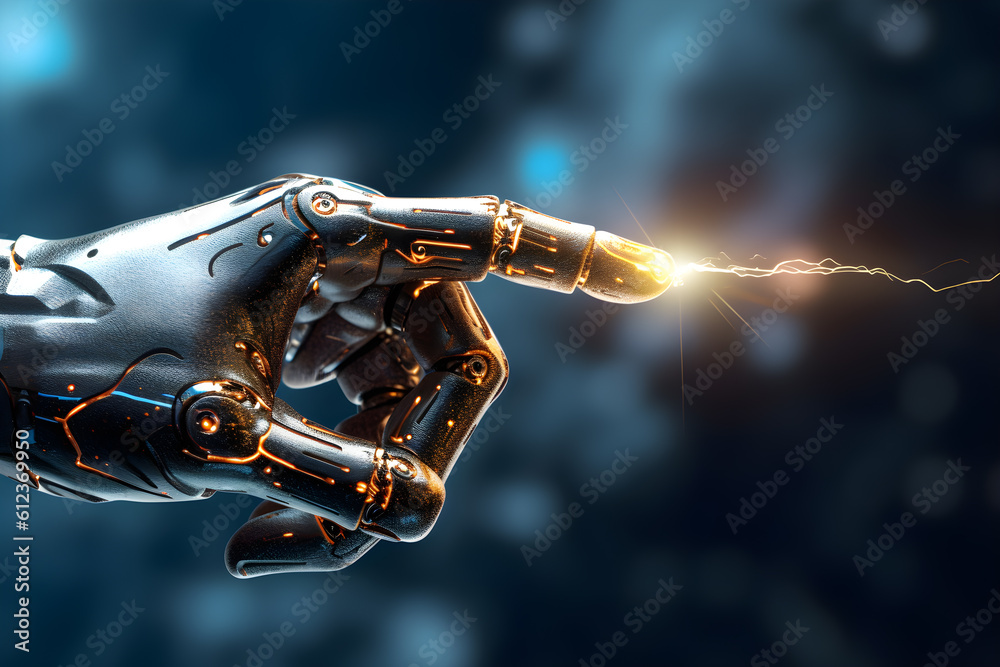 Ilustración de Stock AI robot hand pointing the index finger, sparkling light coming out of the ...