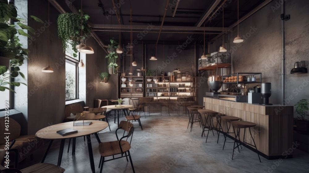 Loft style modern coffee shop interior. Gray concrete walls and floors ...