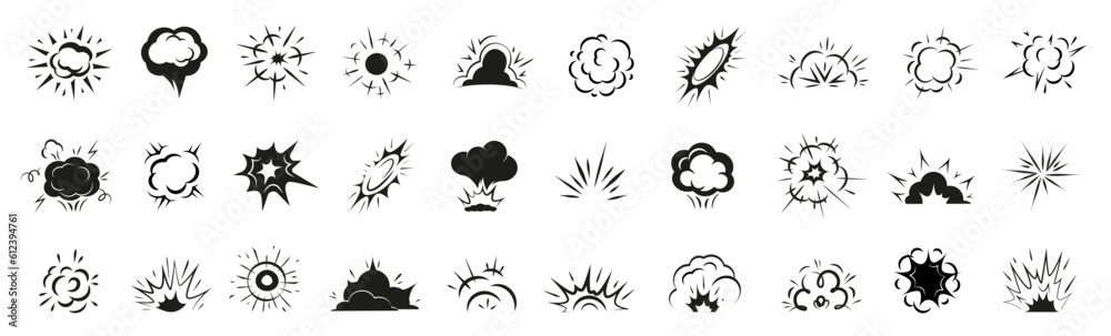 Radial explosion silhouette. Exploding bursts, round explosions cloud and exploded bomb effect ...