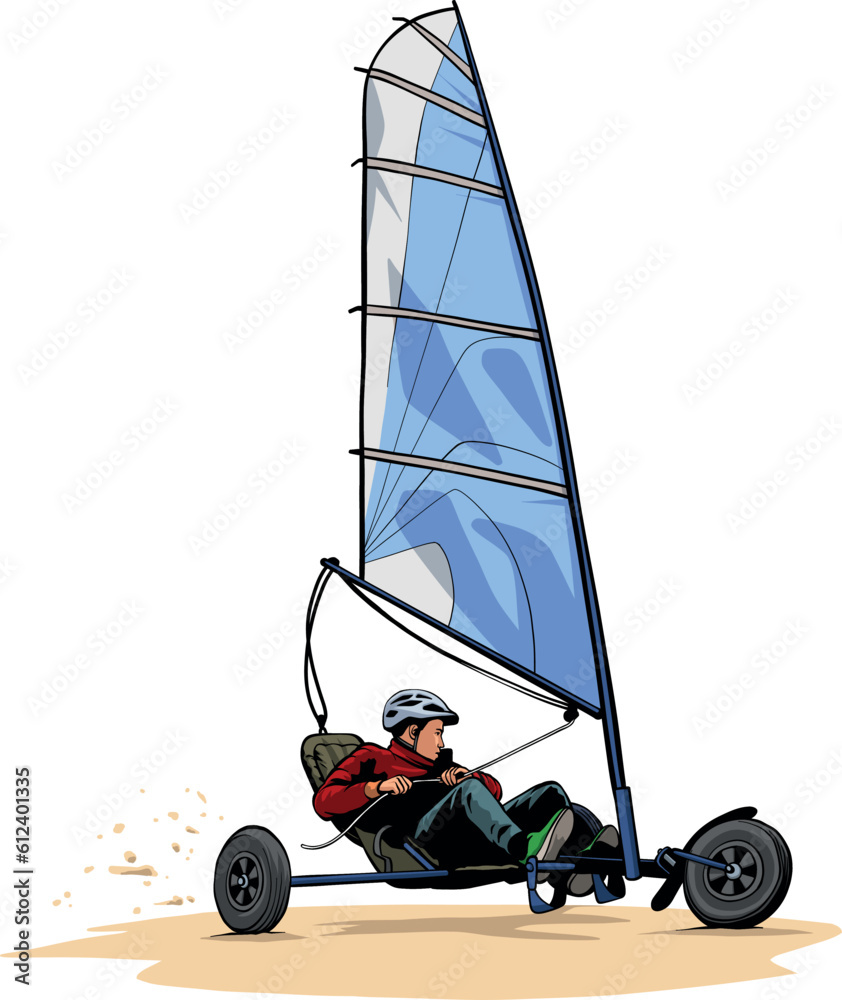 Sand yachting vector illustration colored. Drive sand yacht at beach ...