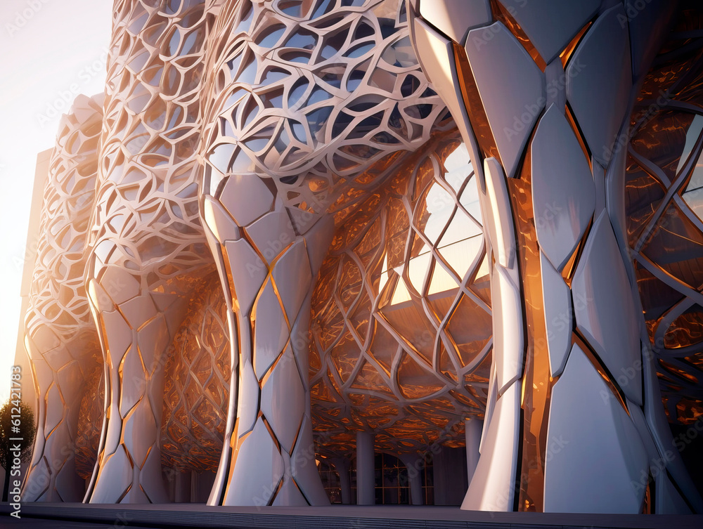 Stock-Illustration „Futuristic concrete architecture design building exterior with parametric ...