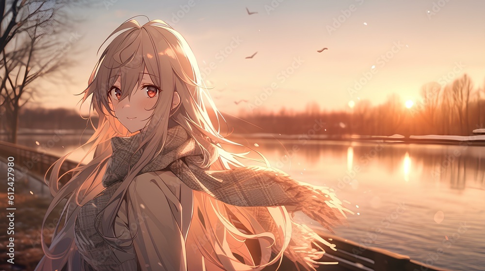 beautiful anime russian girl with long hair posing on an empty beach ...