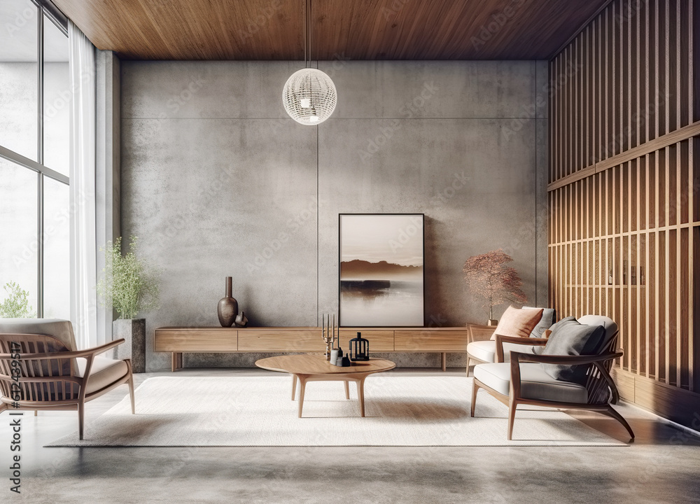 Minimalist loft style interior design of modern living room with wooden ...