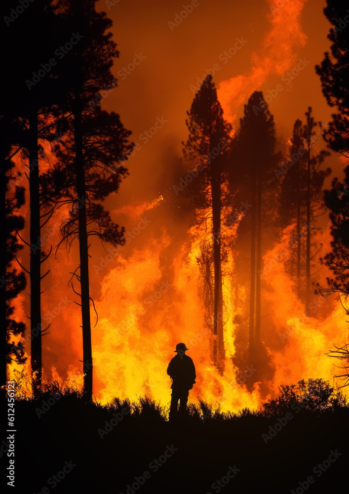 Red and orange burning forest wildfire, black trees and lone ...