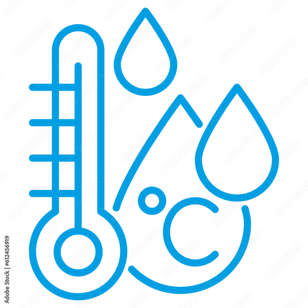 Drop with thermometer. Linear vector icon of the liquid temperature is ...